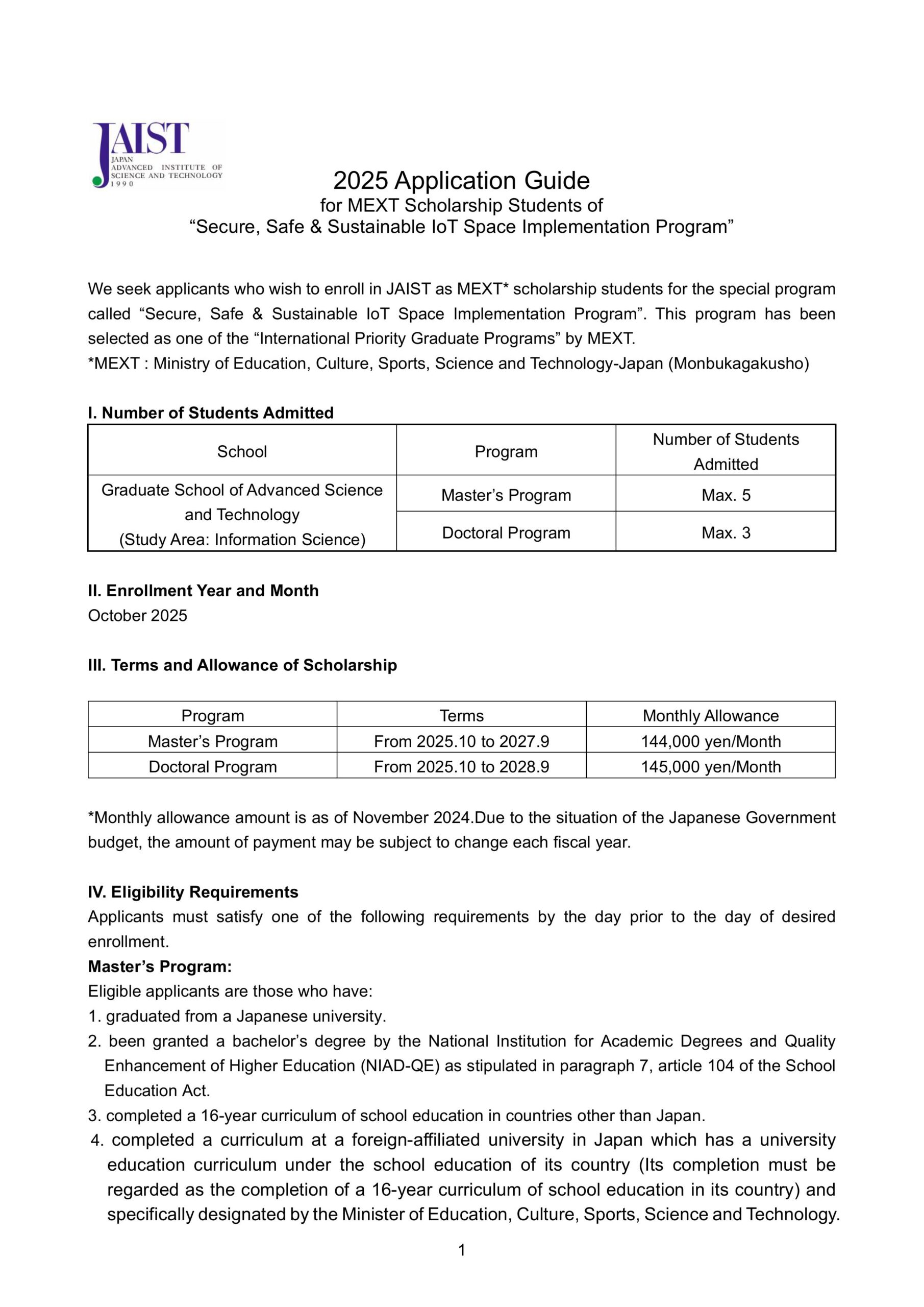 2025 Application for MEXT Scholarship Students of “Secure, Safe ...